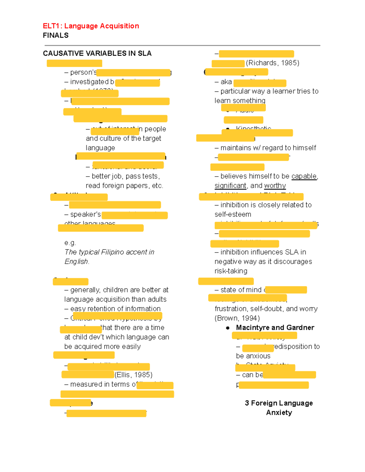 ELT1 Finals - ELT1: Language Acquisition FINALS CAUSATIVE VARIABLES IN ...