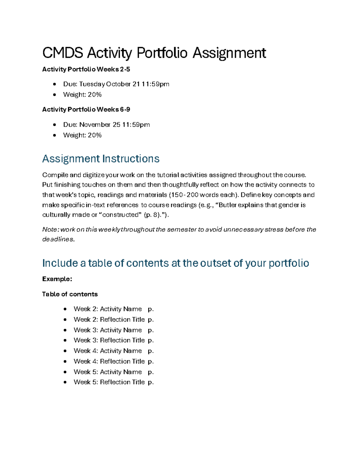 CMDS Activity Portfolio Assignment: Weeks Reflection & Insights - Studocu