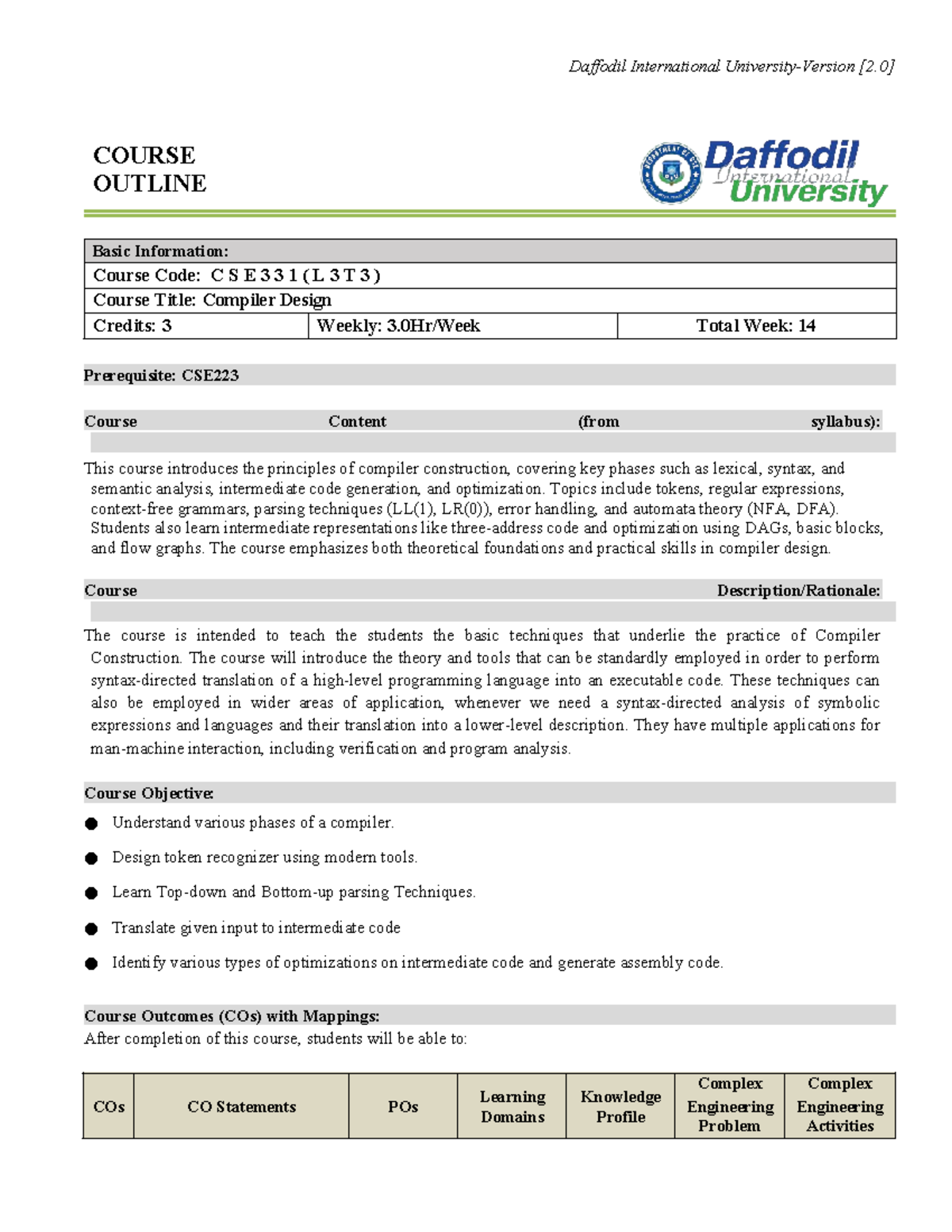 CSE 331 Compiler Design Course Outline and Objectives - Studocu