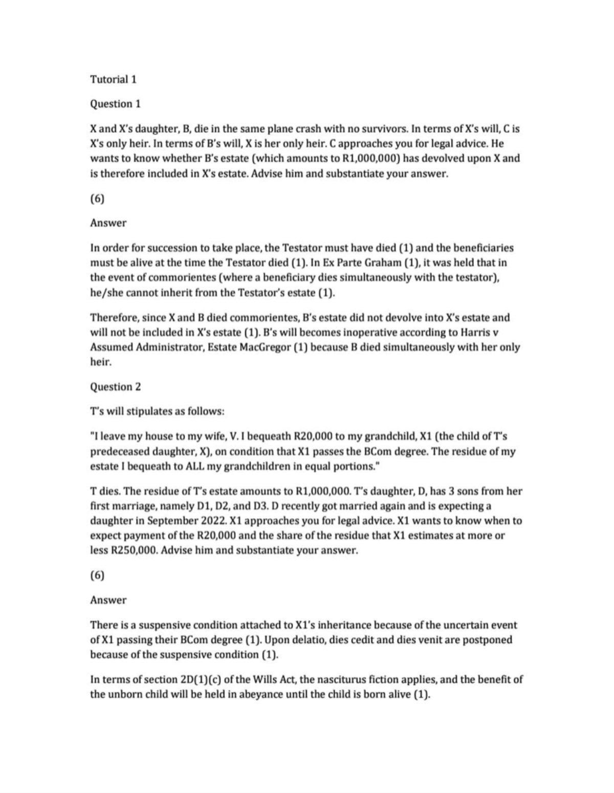 Consolidated Tutorials - Tutorial 1 Question 1 X and daughter, B, die ...