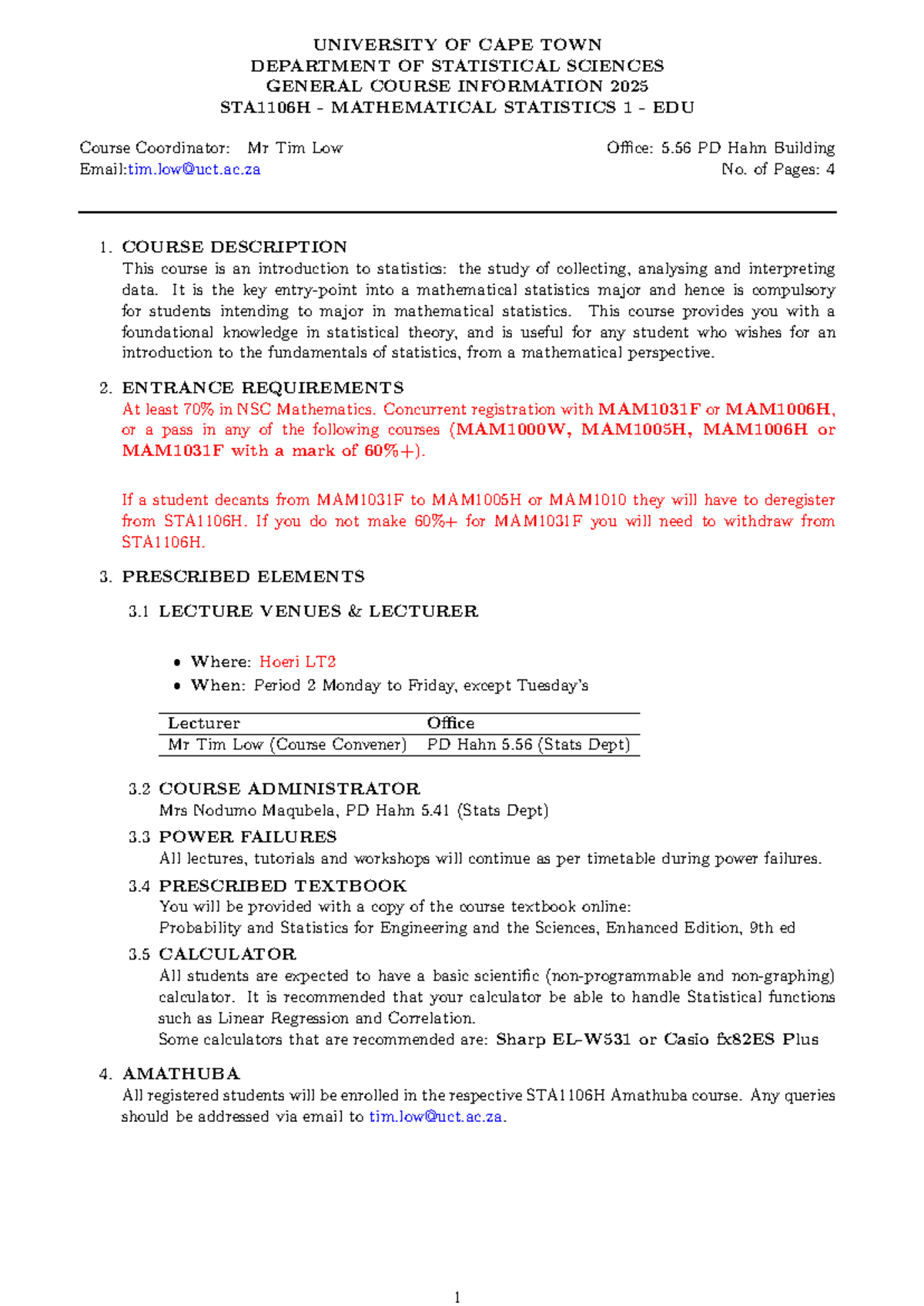 STA1106H Mathematical Statistics 1 Course Outline 2025 - UCT - Studocu