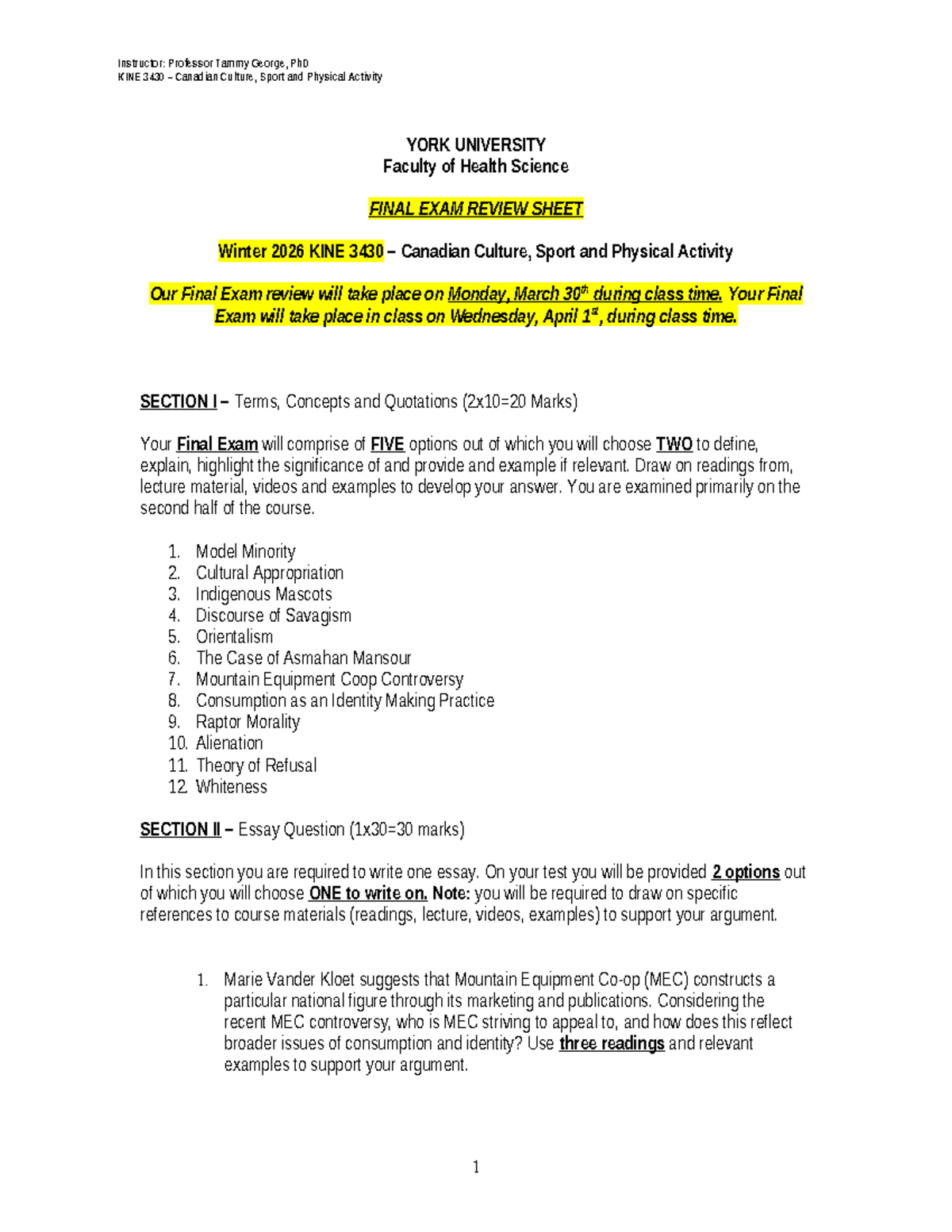 KINE 3430 Final Exam Review Sheet: Canadian Culture & Sport - Studocu