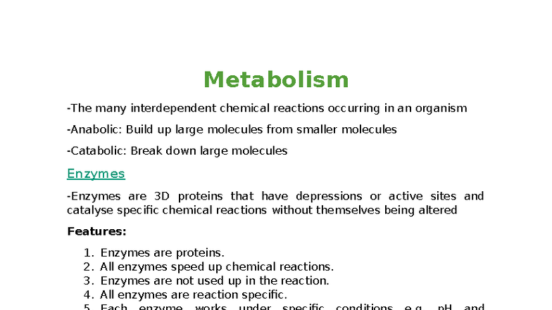 Year 11 Human Biology Unit 1: Metabolism and Cellular Processes - Studocu