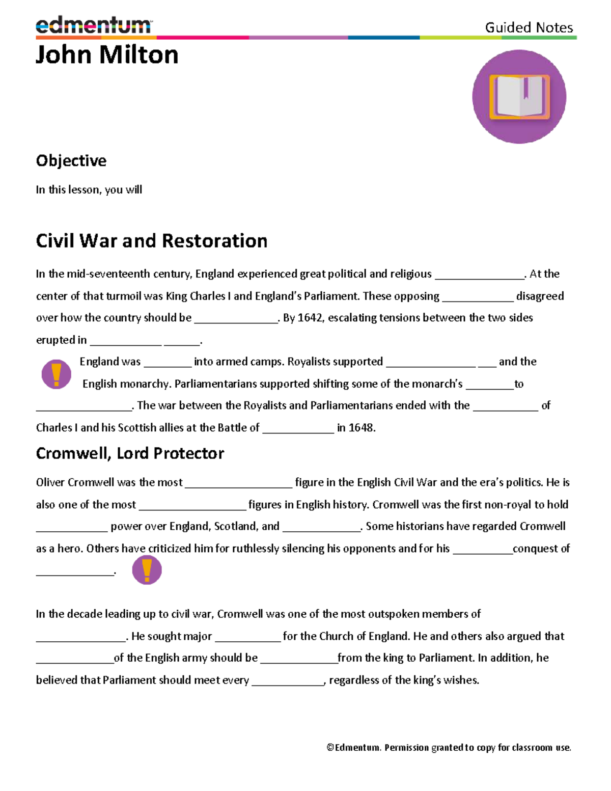 Guided Notes on John Milton: Civil War, Restoration & Poetry Analysis ...