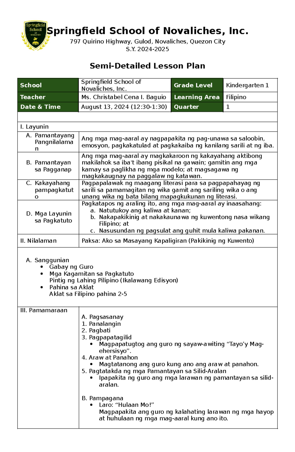 K1-Filipino - Semi-Detailed Lesson Plan for Kindergarten 1 - Studocu