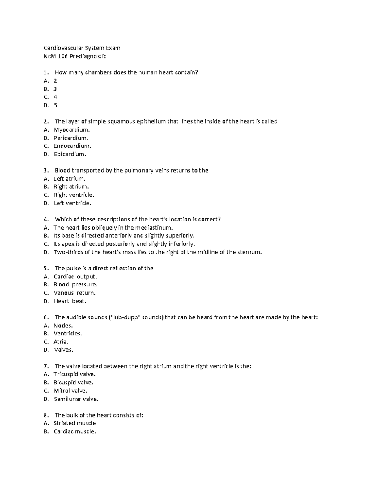 Cardiovascular System Exam Review NcM 106: Heart Anatomy Insights - Studocu