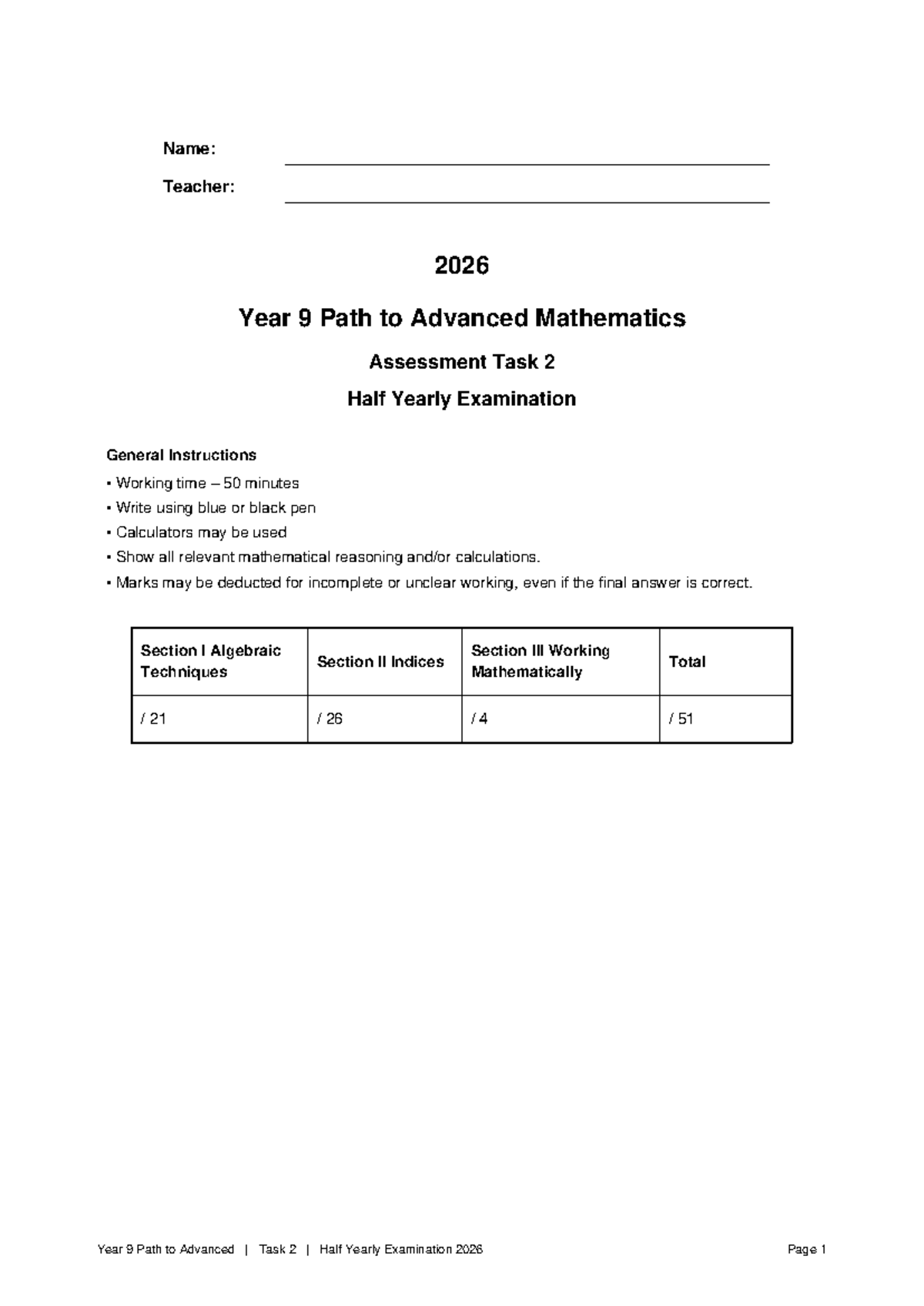 Year 9 Advanced Mathematics Assessment Task 2: Half Yearly Exam 2026 ...