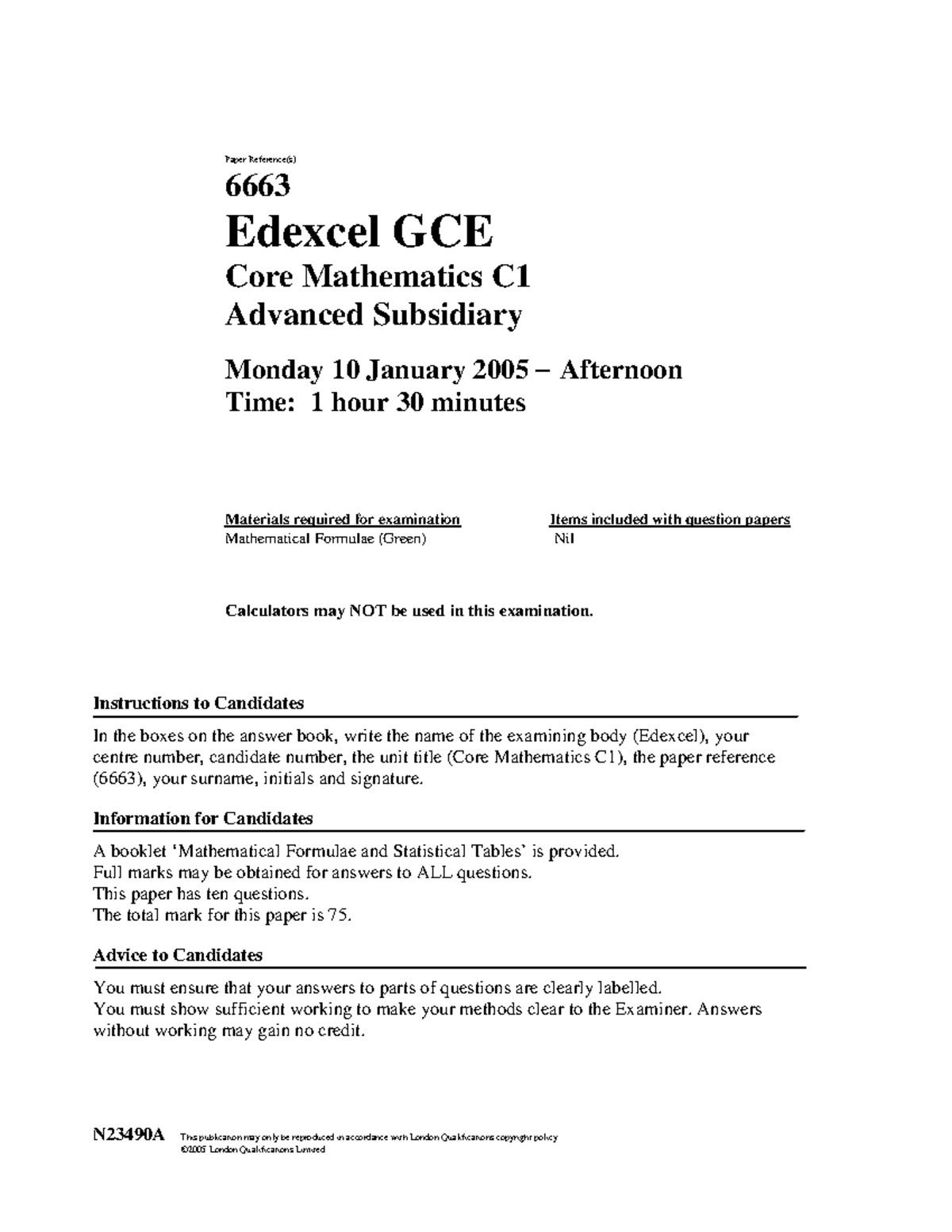 Question Paper: Edexcel GCE Core Mathematics C1 (6663) - January 2005 ...
