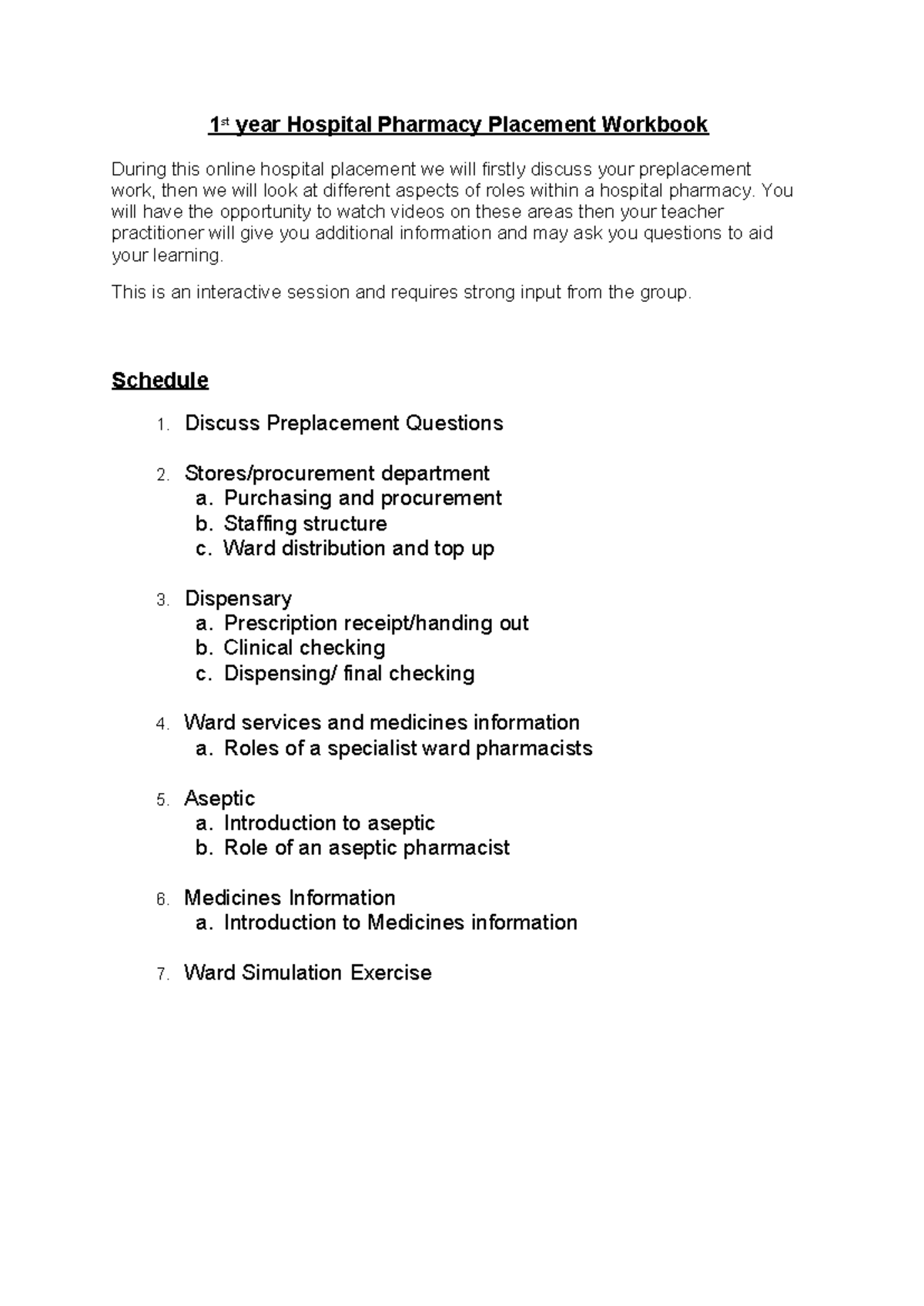 1st Year Hospital Pharmacy Placement Workbook: Learning Objectives ...
