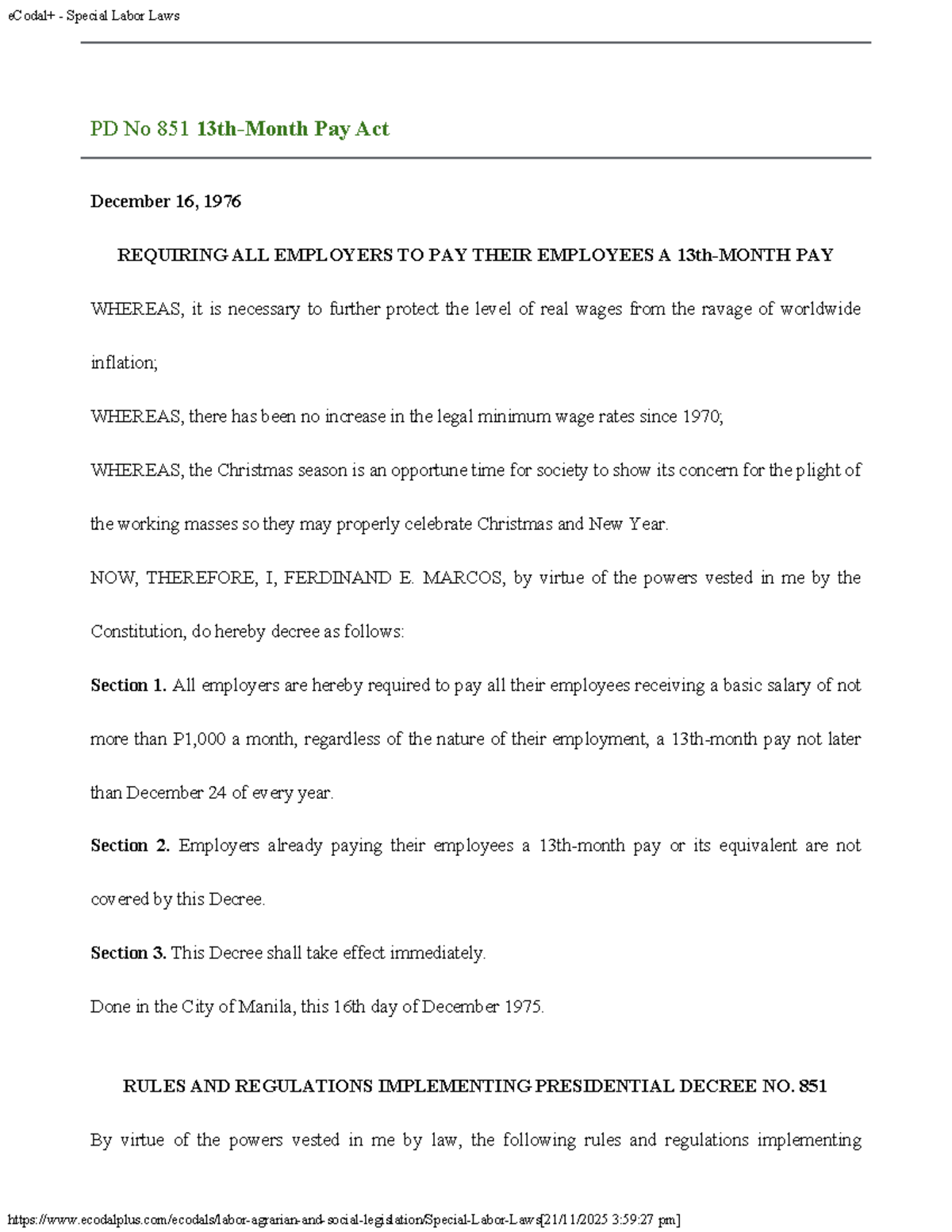 PD 851: 13th Month Pay Act and Special Labor Laws Overview - Studocu