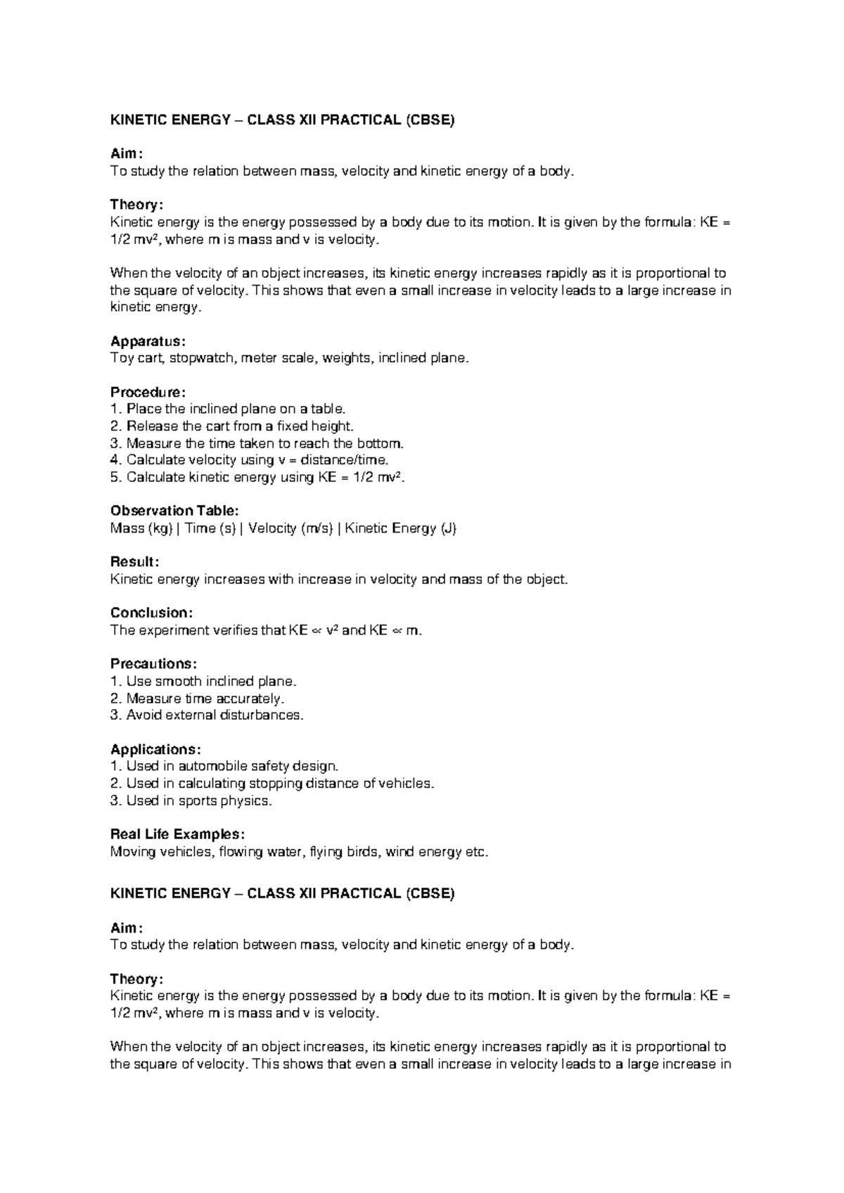 Kinetic Energy Practical Study (Class XII, CBSE) - Studocu