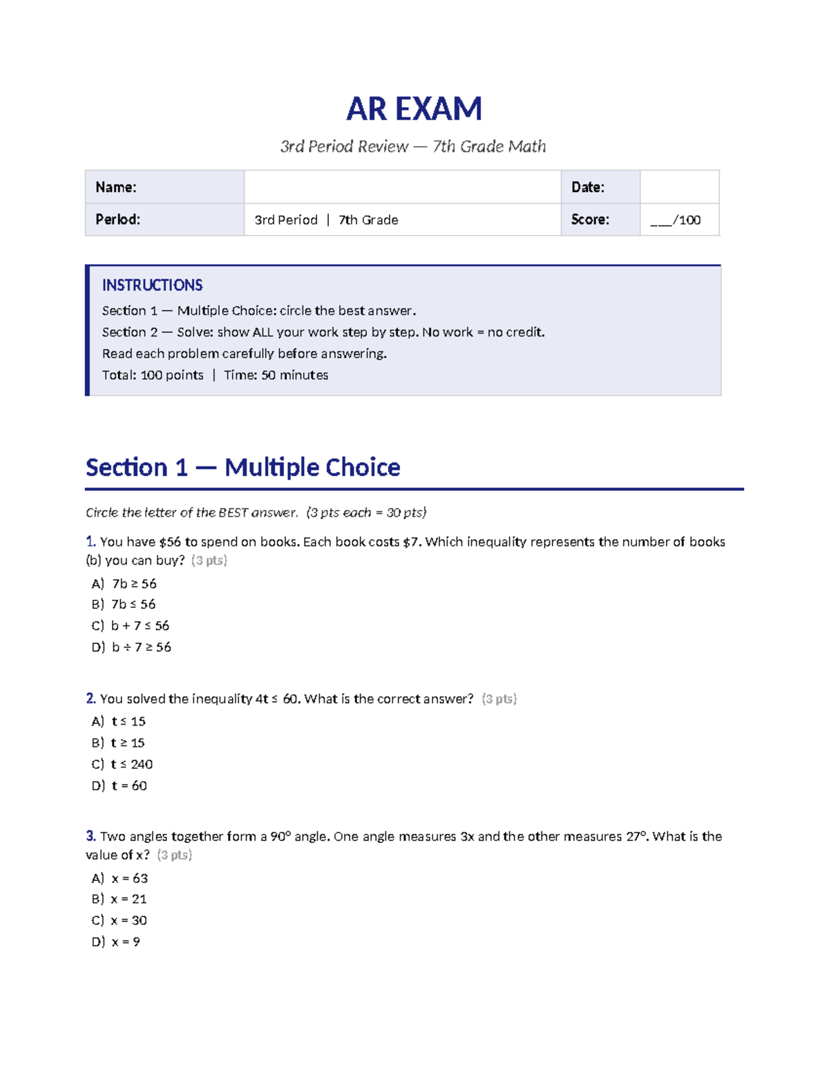 AR 7th Grade Math Exam Review - 3rd Period Study Guide - Studocu
