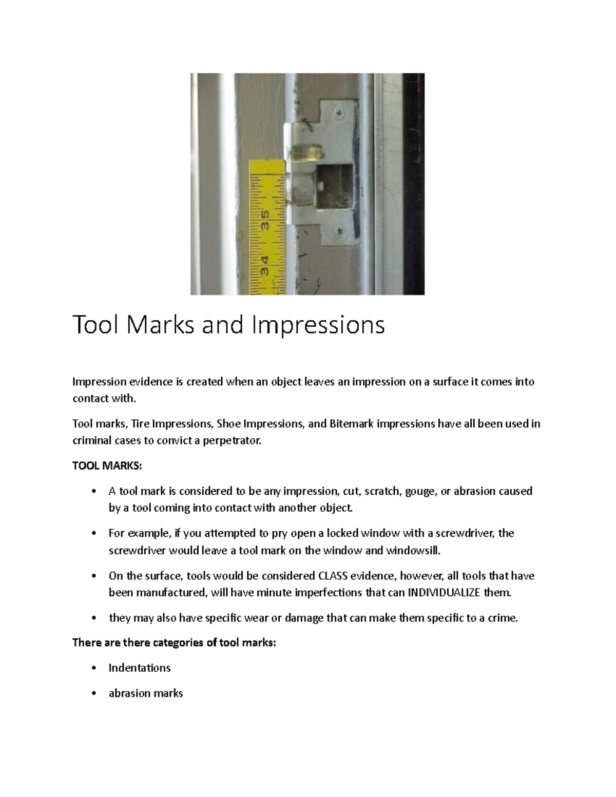FOR 301: Tool Marks, Impressions, & Case Studies Overview - Studocu