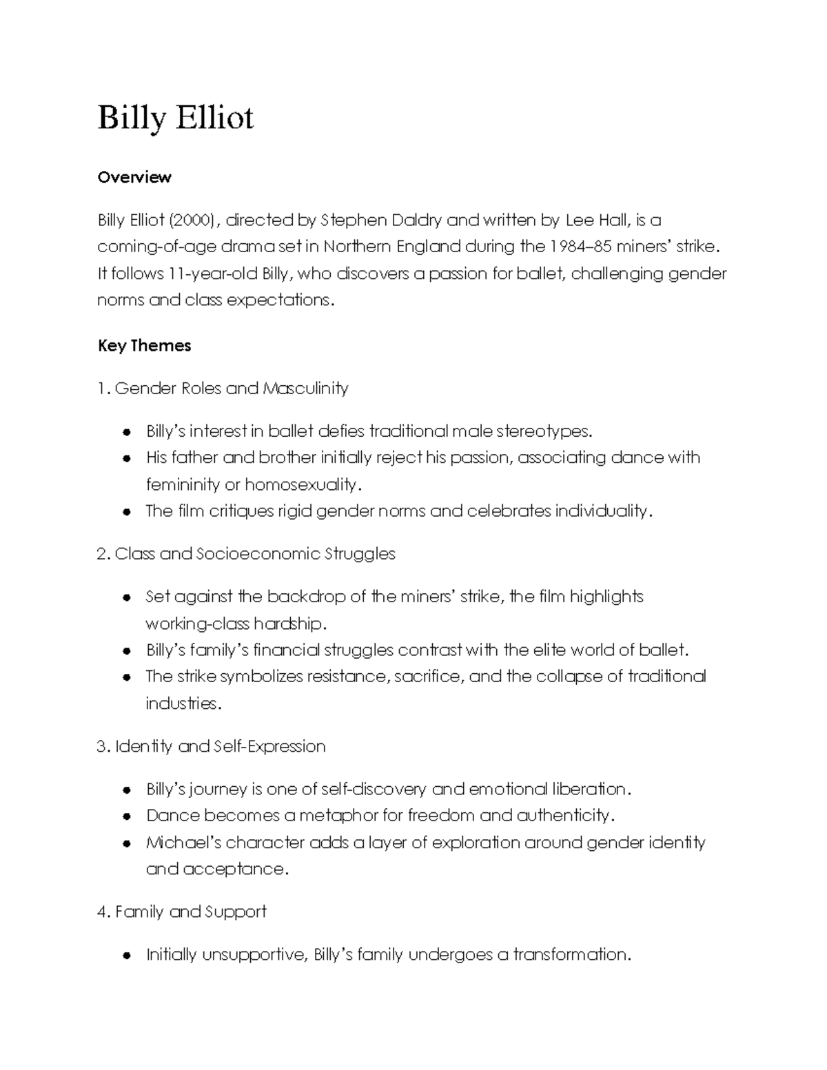 HSC English - Billy Elliot Study Notes: Themes & Analysis - Studocu