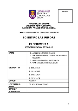 Experiment 4 CHEM 258 - LAB REPORT - CHM FUNDAMENTAL OF ORGANIC CHEMISTRY LABORATORY REPORT ...