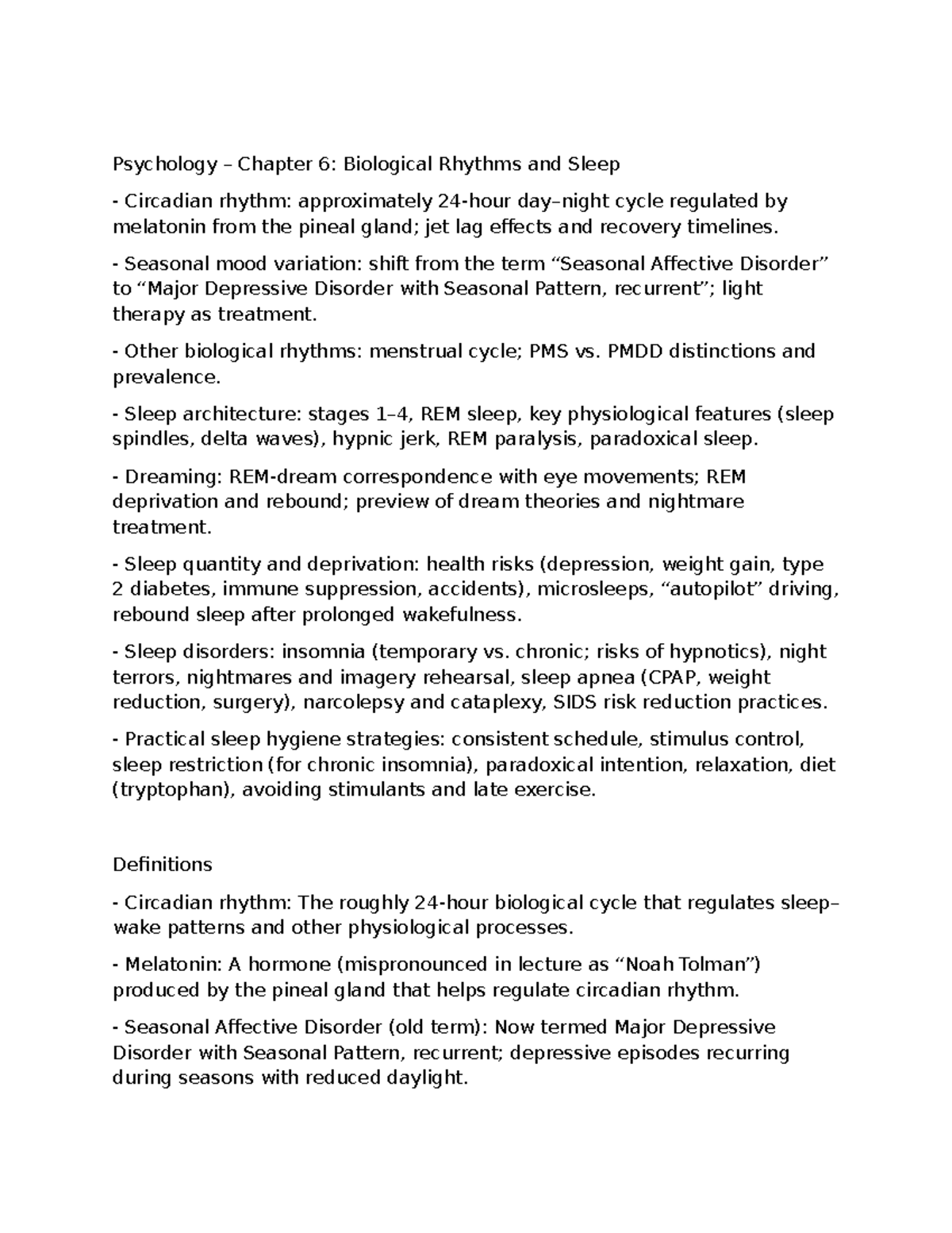 Psychology 202 - Chapter 6: Biological Rhythms, Sleep, and Disorders ...