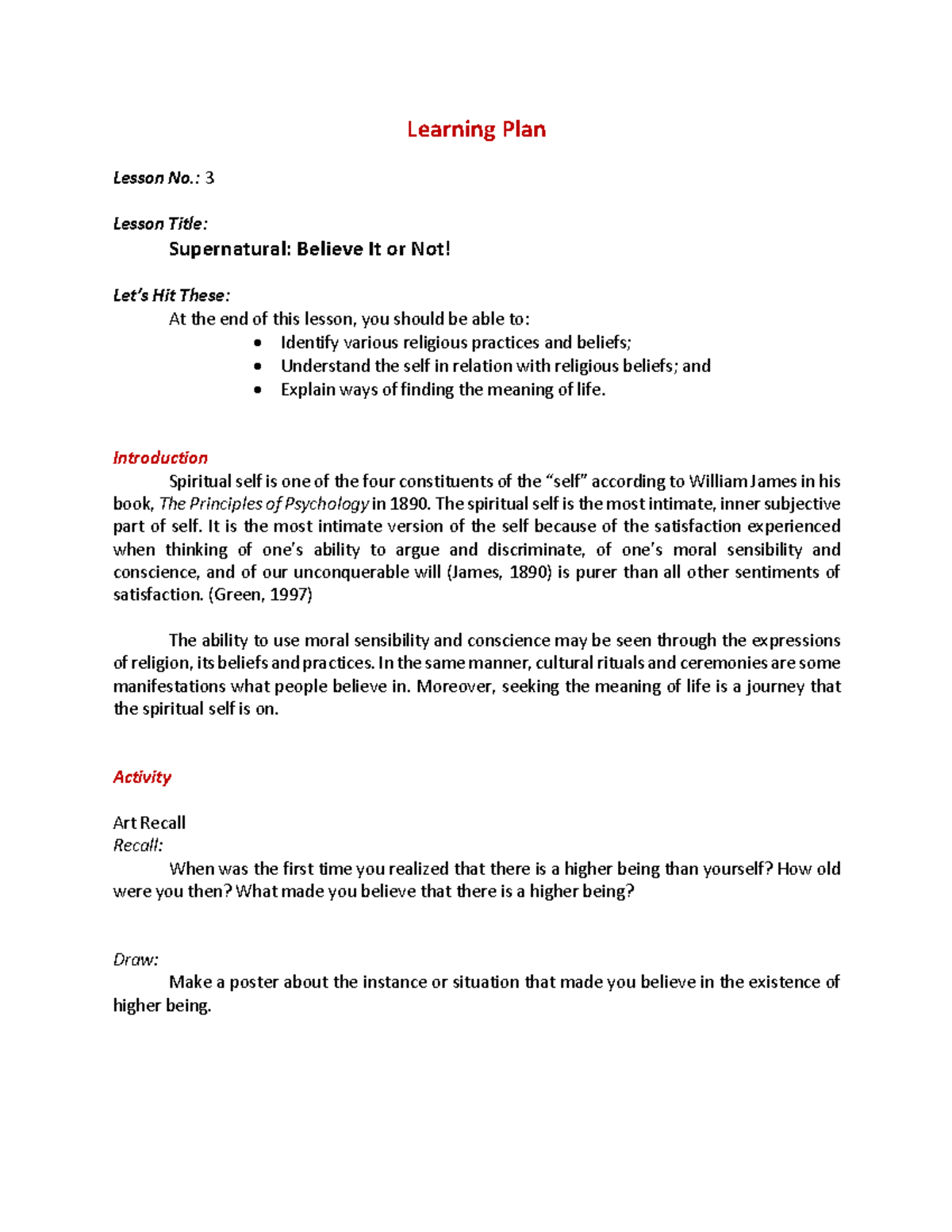 UTS L3 - Lesson Plan: Exploring the Supernatural and Meaning of Life ...