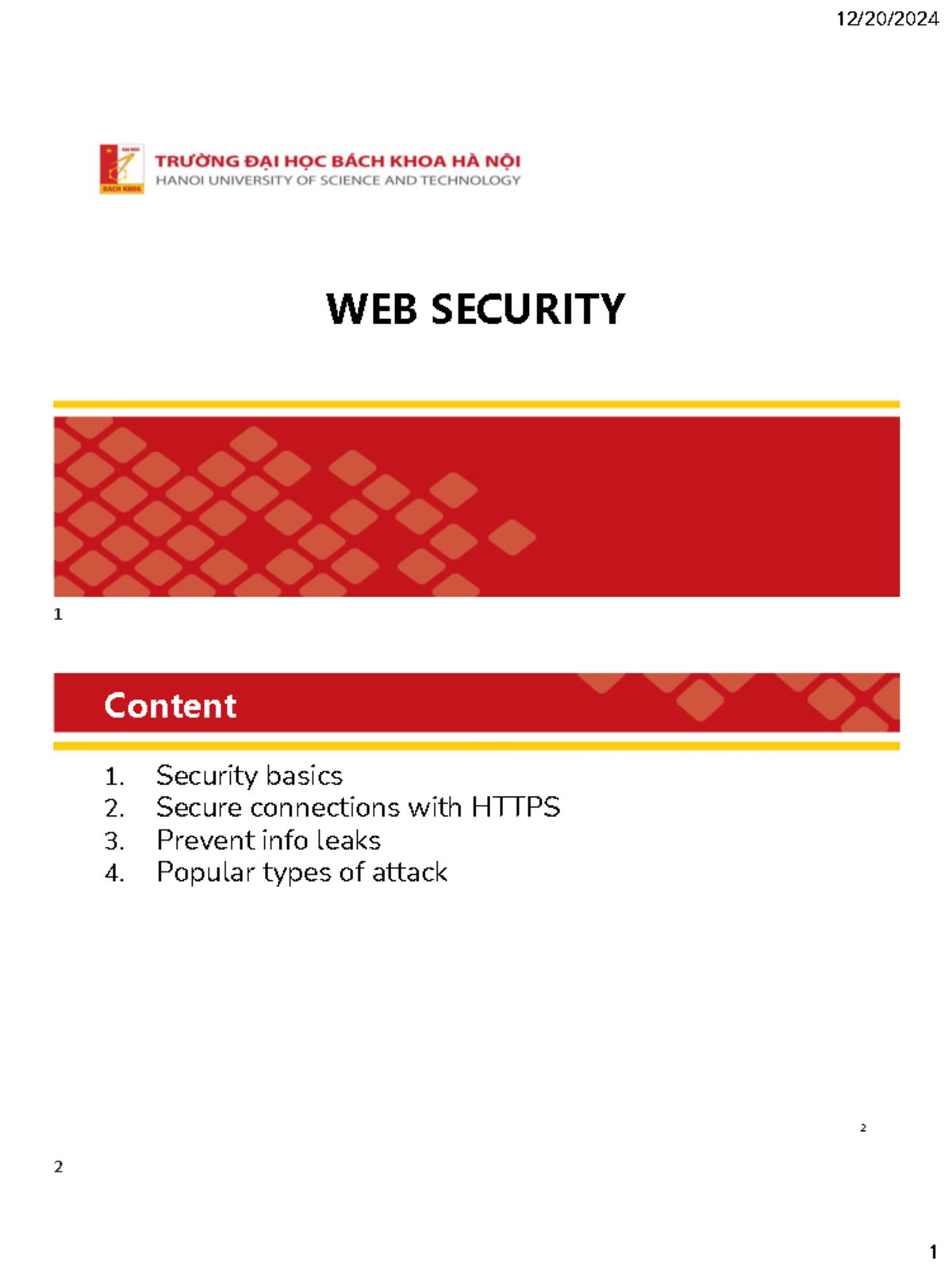 Handout 08. Web Security - WEB SECURITY Content 1. Security basics 2 ...