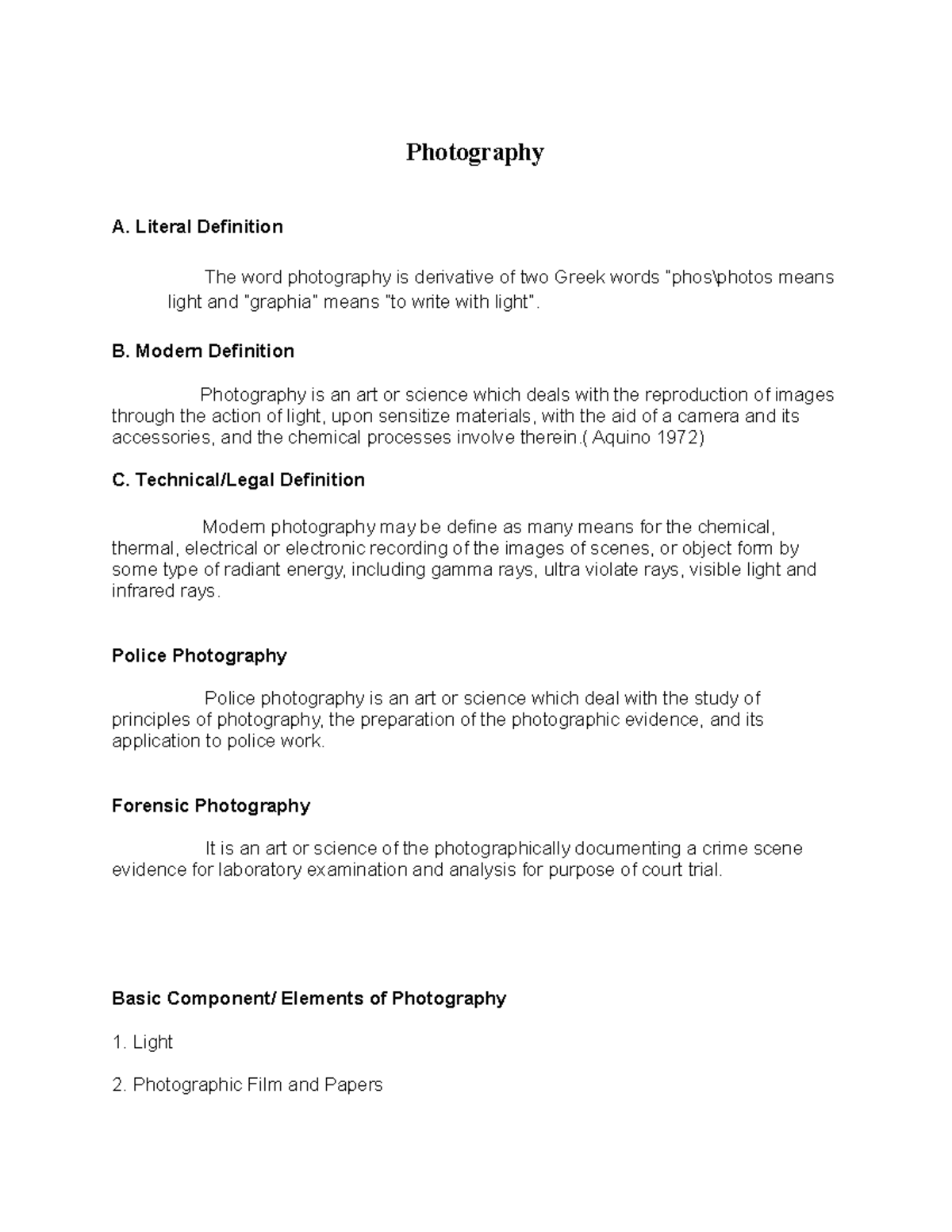 photography lesson - Photography A. Literal Definition The word ...