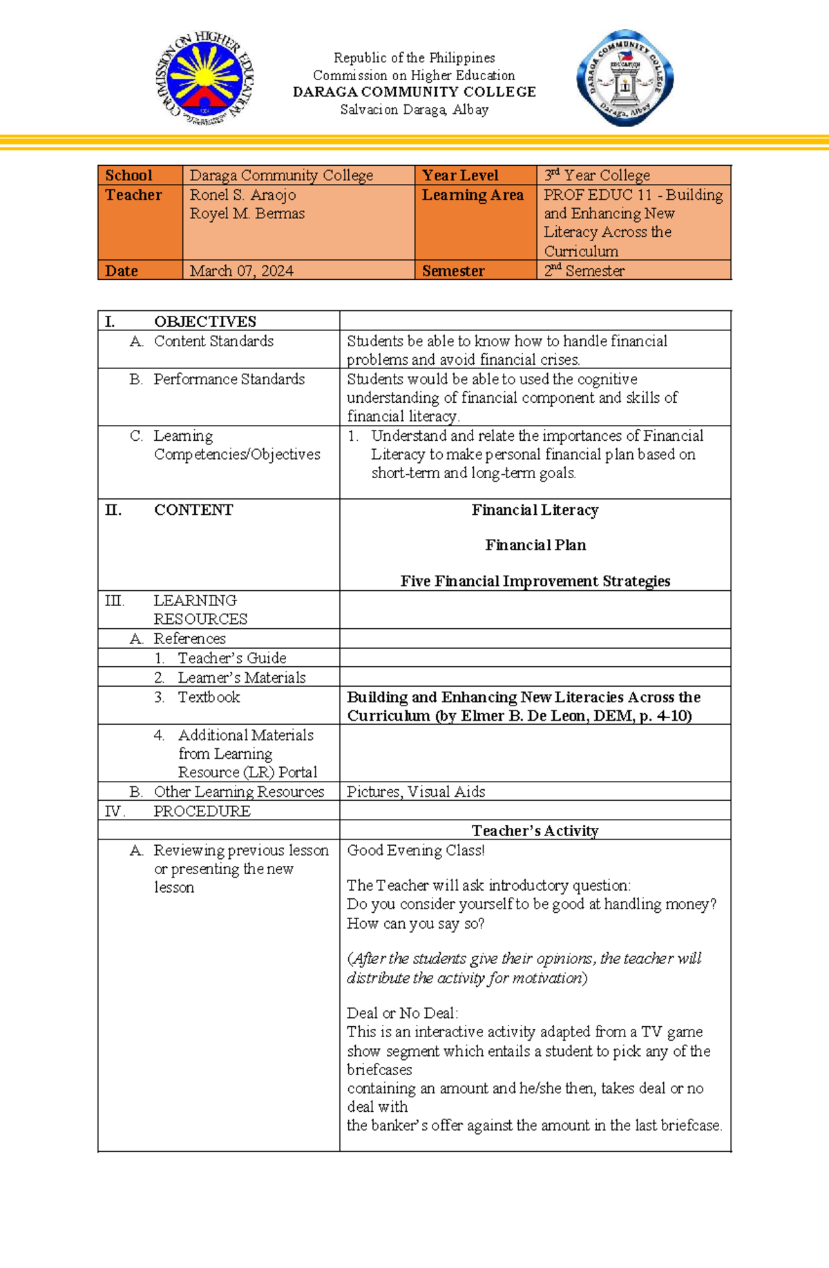 PROF EDUC 11 - Lesson Plan on Financial Literacy and Planning - Studocu