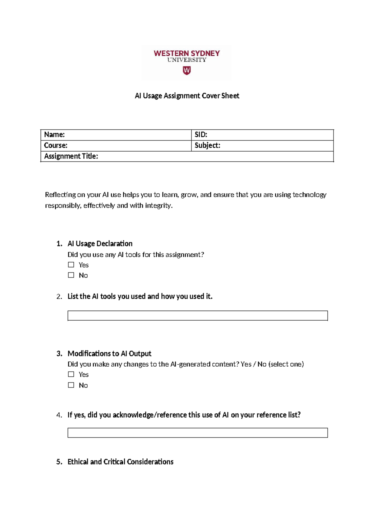 AI Usage Assignment Cover Sheet 2025 Final Submission - Studocu