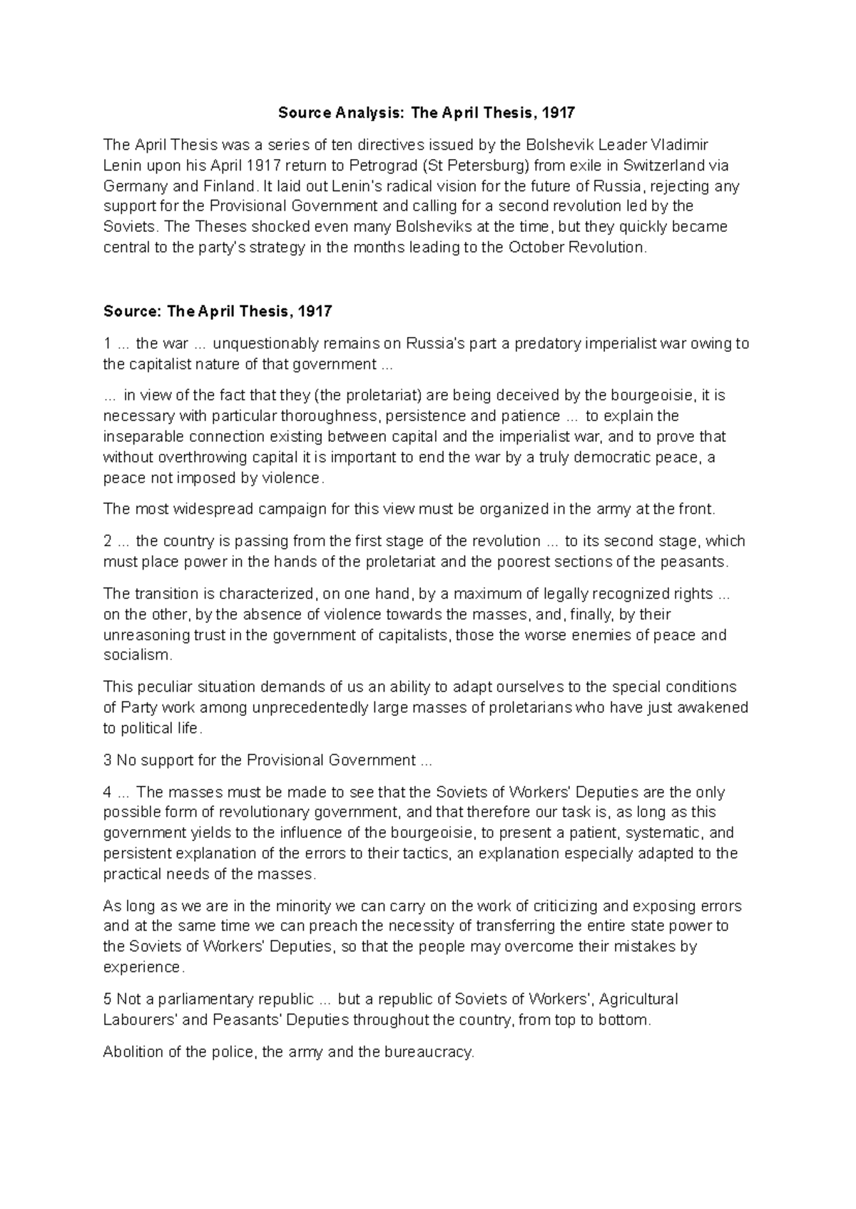 Source Analysis: The April Thesis, 1917 - Key Directives and Impact ...