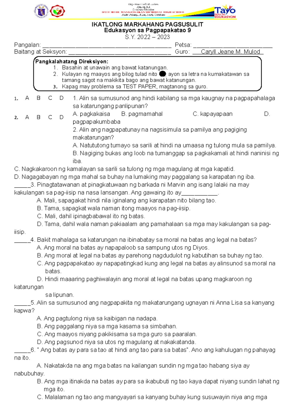 PT G9 ESP - EDUKASYON SA PAGPAPAKATAO 9 - IKATLONG MARKAHANG PAGSUSULIT Edukasyon sa ...