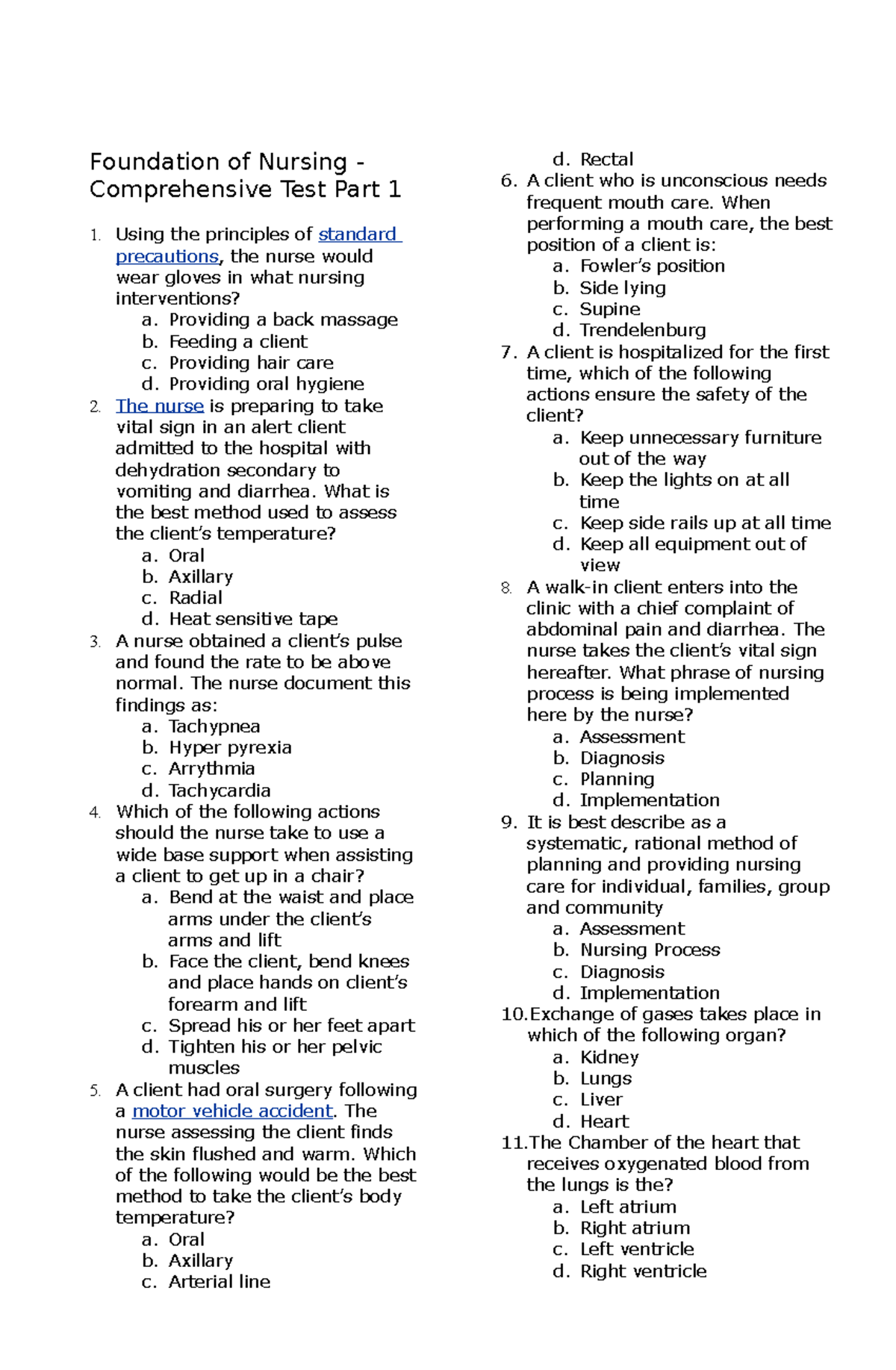 NUR 101 Comprehensive Exam Questions: Parts 1 & 2 Study Guide - Studocu