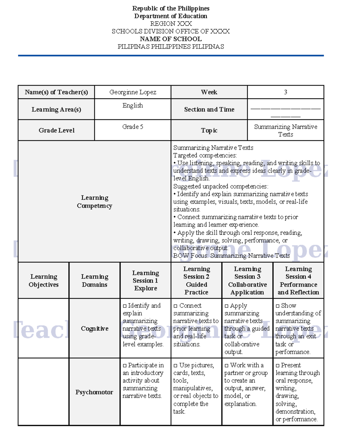 G5 English Week 03 Lesson Plan: Summarizing Narrative Texts - Studocu