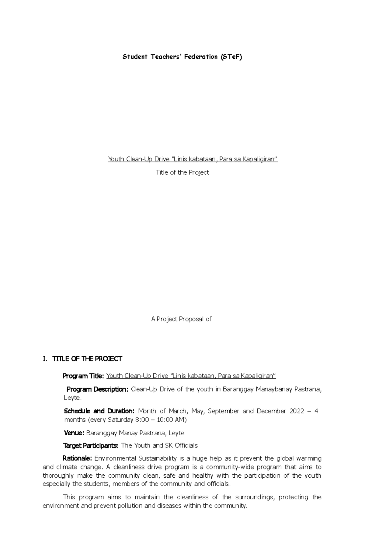 Youth Clean-Up Drive Project Proposal (Linis kabataan, STeF) - Studocu