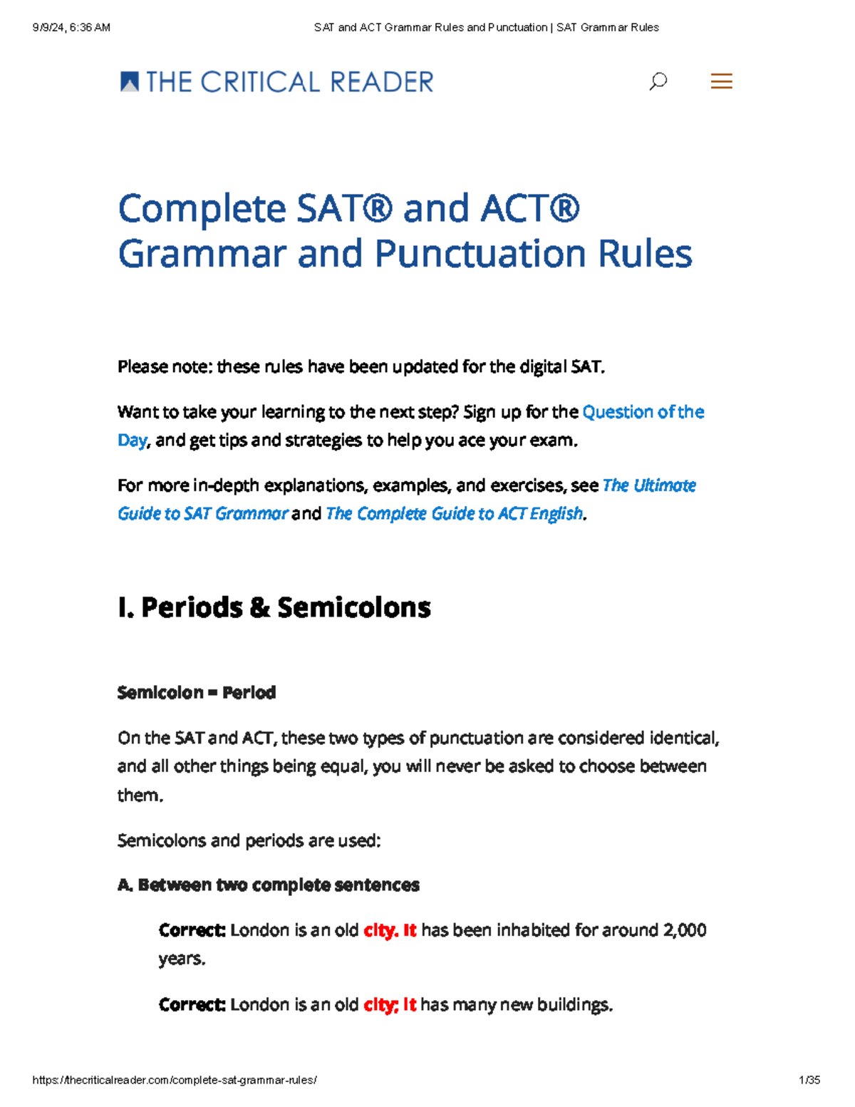 Erica M. SAT grammar Rules summary 31 page - Complete SAT® and ACT ...