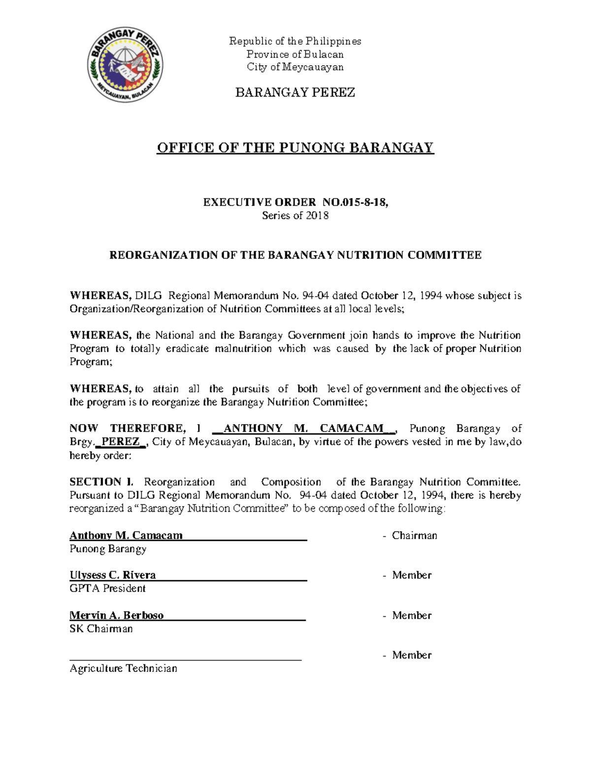Executive Order 015-08-18: Reorganization of Barangay Nutrition ...