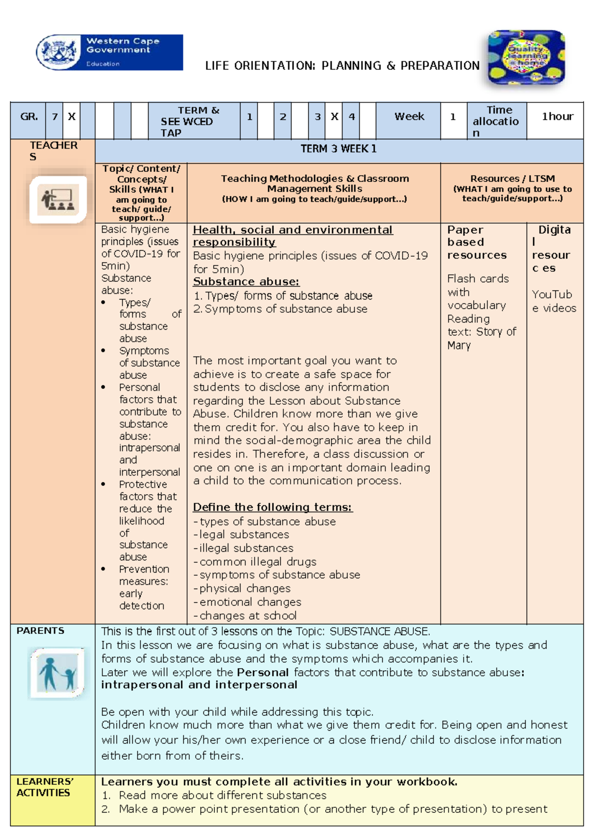 Lesson Plan: Gr. 7 Life Orientation - Substance Abuse T3 W1 - Studocu