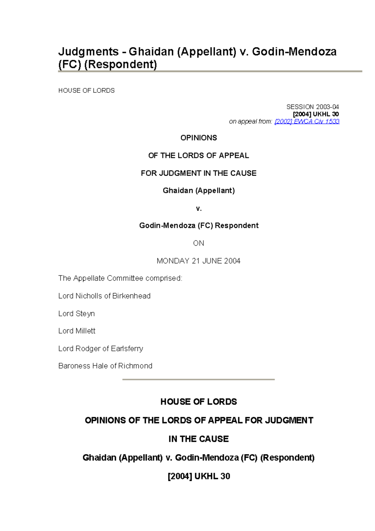Ghaidan v Godin-Mendoza: Landmark Judgment Analysis [2004] UKHL 30 ...