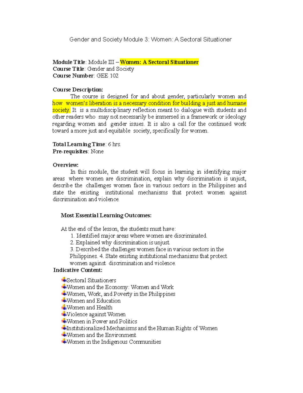 GEE 102 Final Exam: Women and Gender Issues in Society Module 3 - Studocu