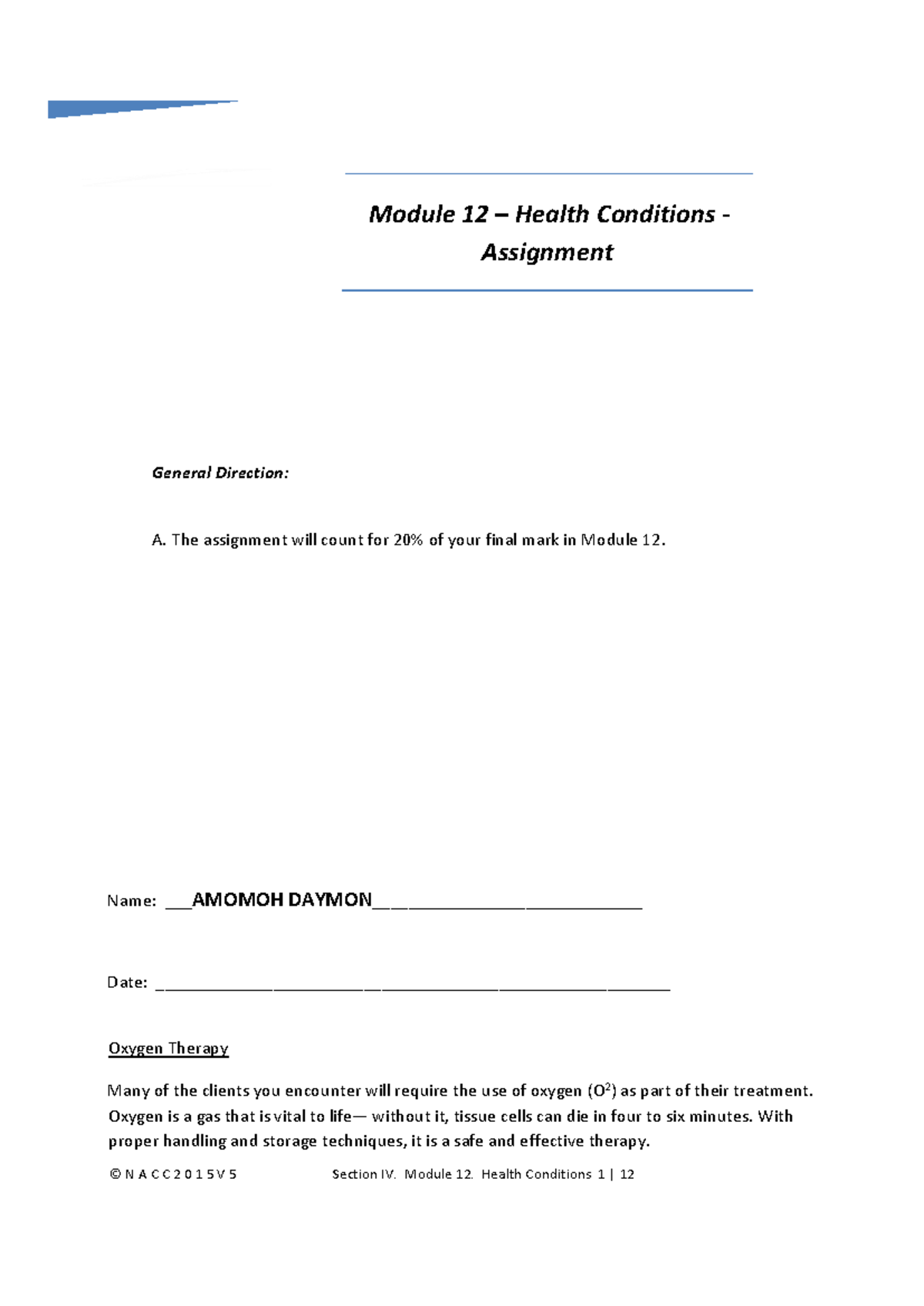 Amomoh Daymon - IV-12 Assigmt - Module 12 Health Conditions - Module 12 ...