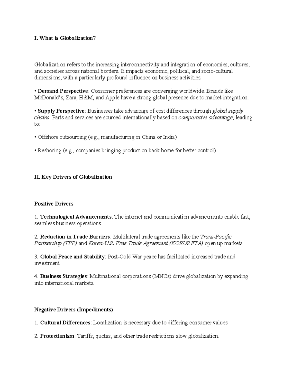 Chapter 1 Summary - I. What is Globalization? Globalization refers to ...