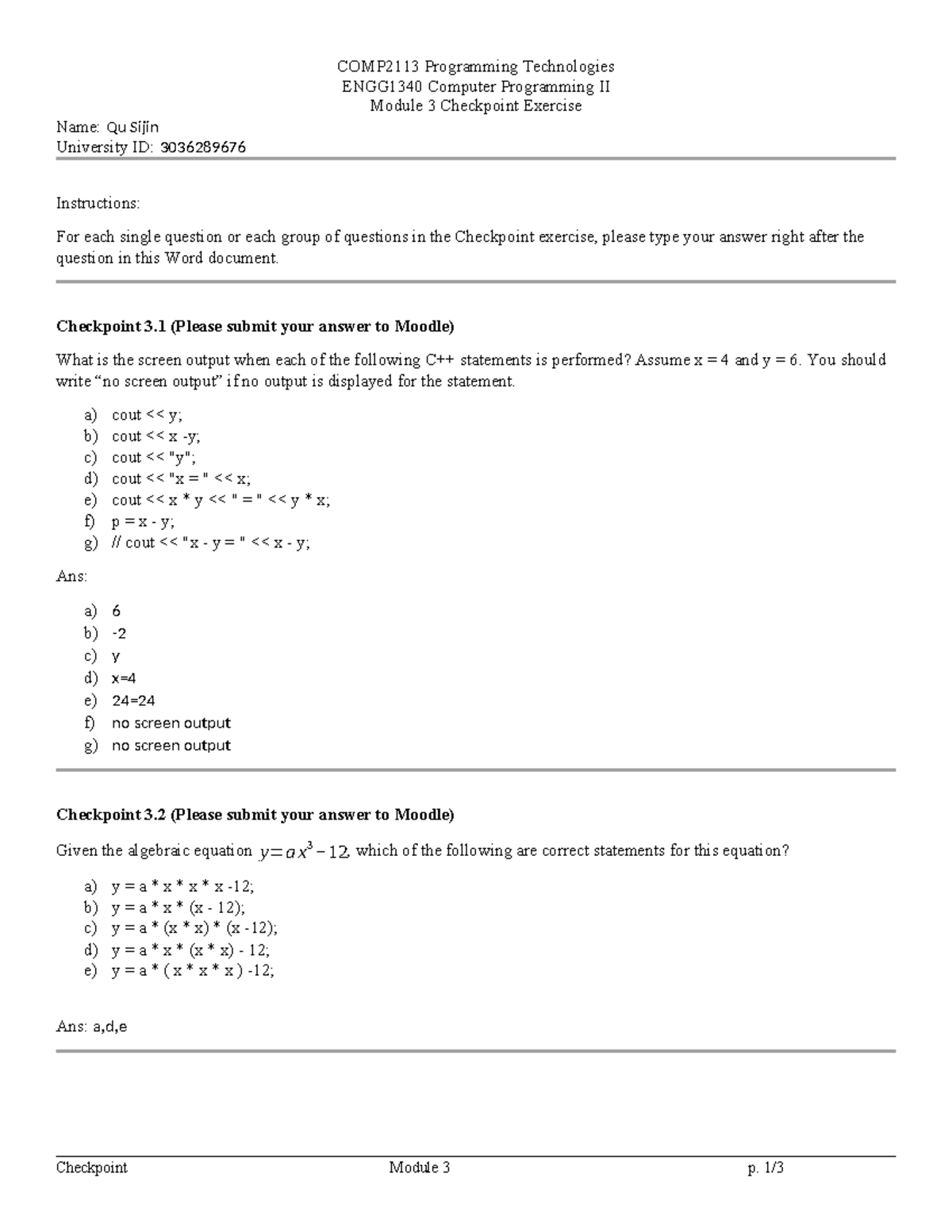 COMP2113 Module 3 Checkpoint Exercise Answers - Studocu