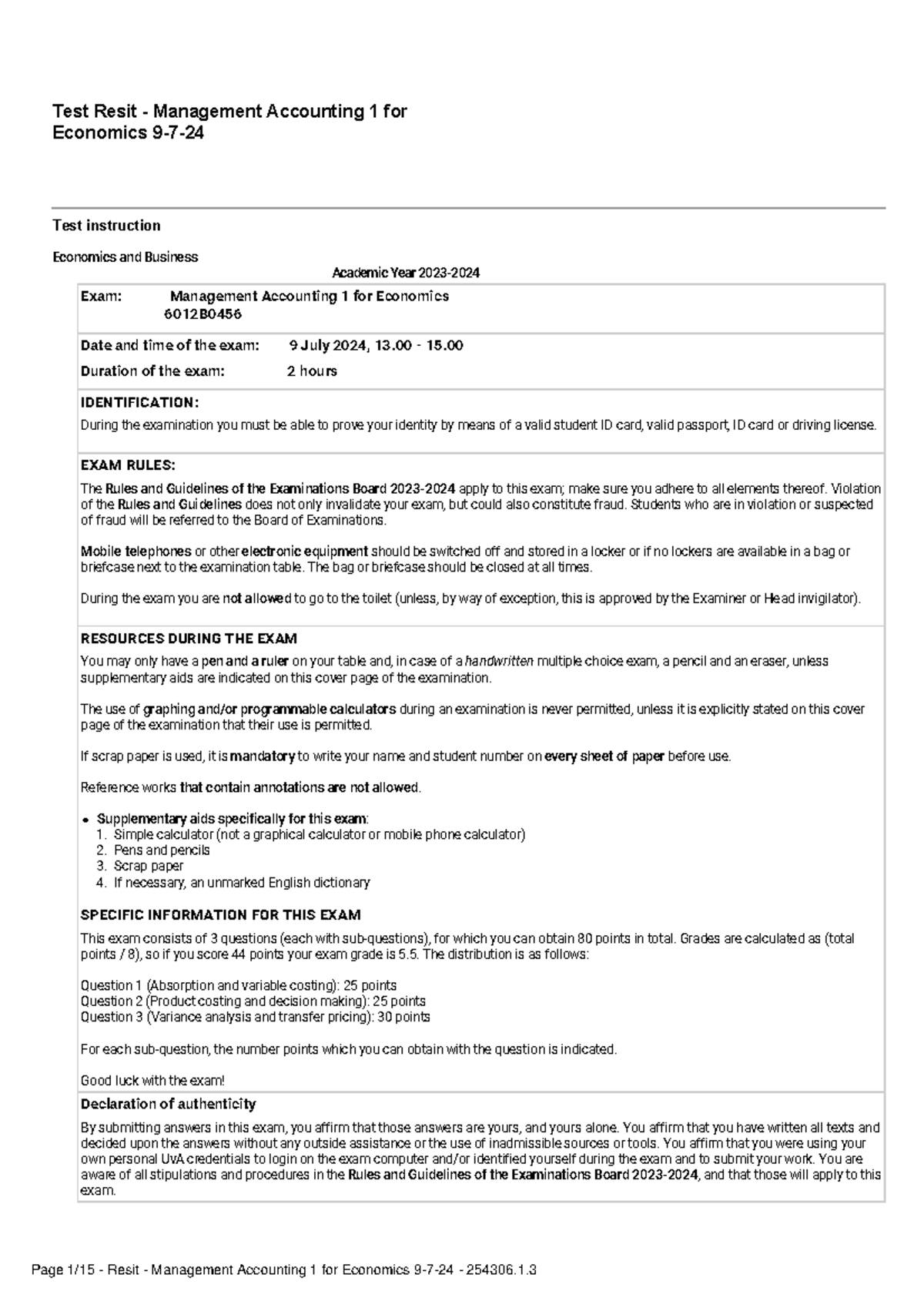 MA 1 Economics 23-24 Resit Exam Instructions for 9 July 2024 - Studeersnel