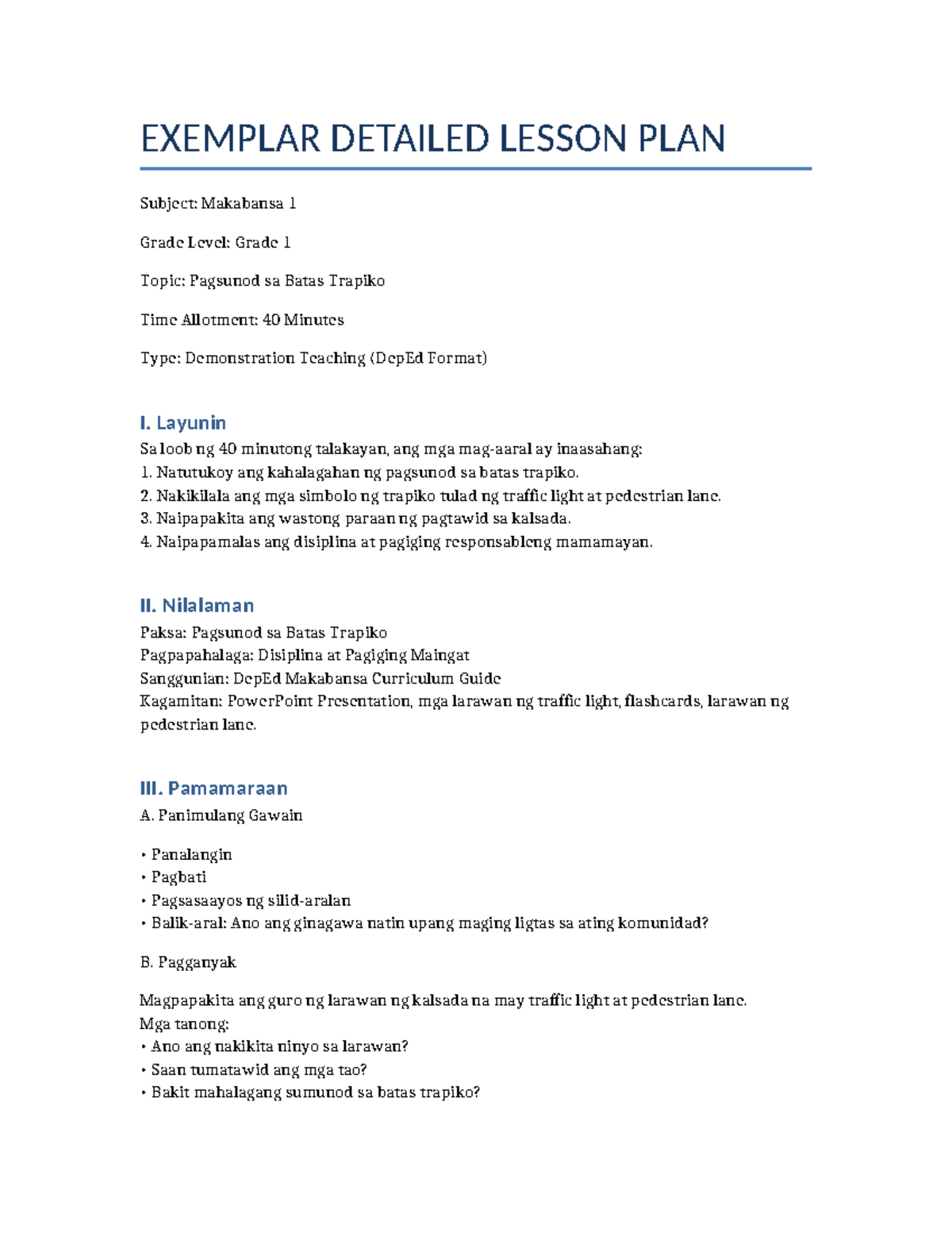 Makabansa 1: Detailed Lesson Plan on Batas Trapiko for Grade 1 - Studocu
