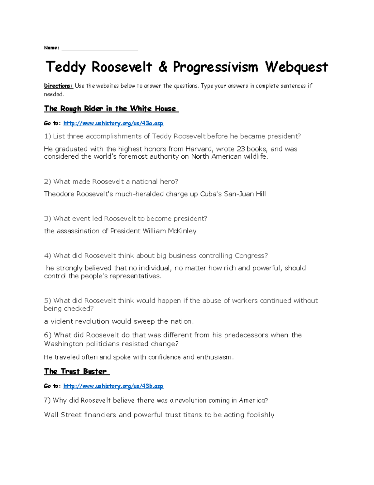 Teddy Roosevelt & Progressivism Webquest - History 101 Analysis - Studocu