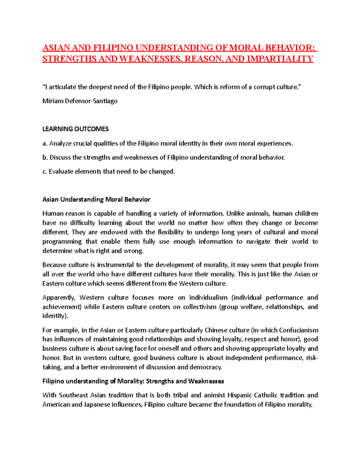 Aspects of Asian & Filipino Moral Behavior: Strengths & Weaknesses ...