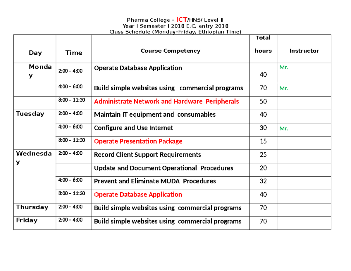 ICT SEM I - Year I Class Schedule (2018 E.C.) - Studocu