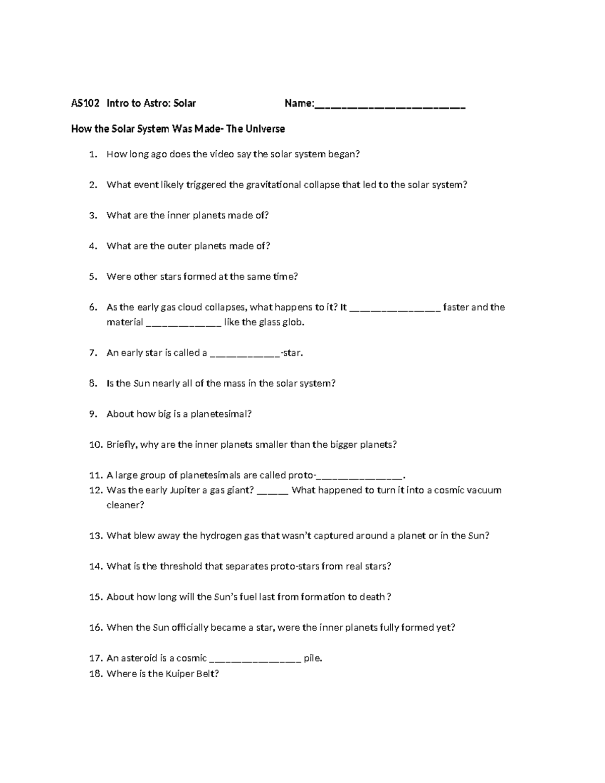 Formation Of The Solar System Worksheet