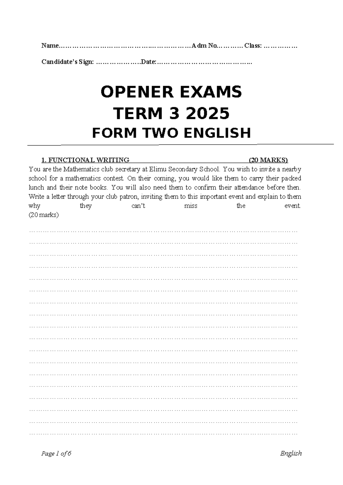 English Form 2 Term 3 2025 Exam: Functional Writing & Grammar - Studocu