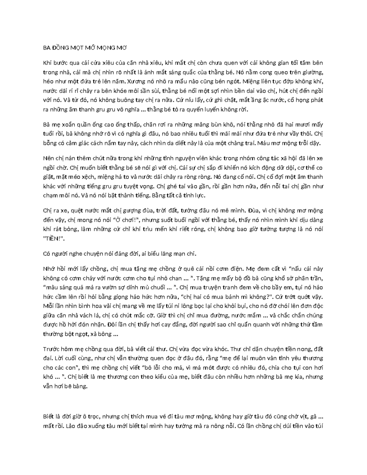 BA ĐỒNG MỘT MỚ MỘNG MƠ - Tình Yêu và Nỗi Nhớ - Studocu