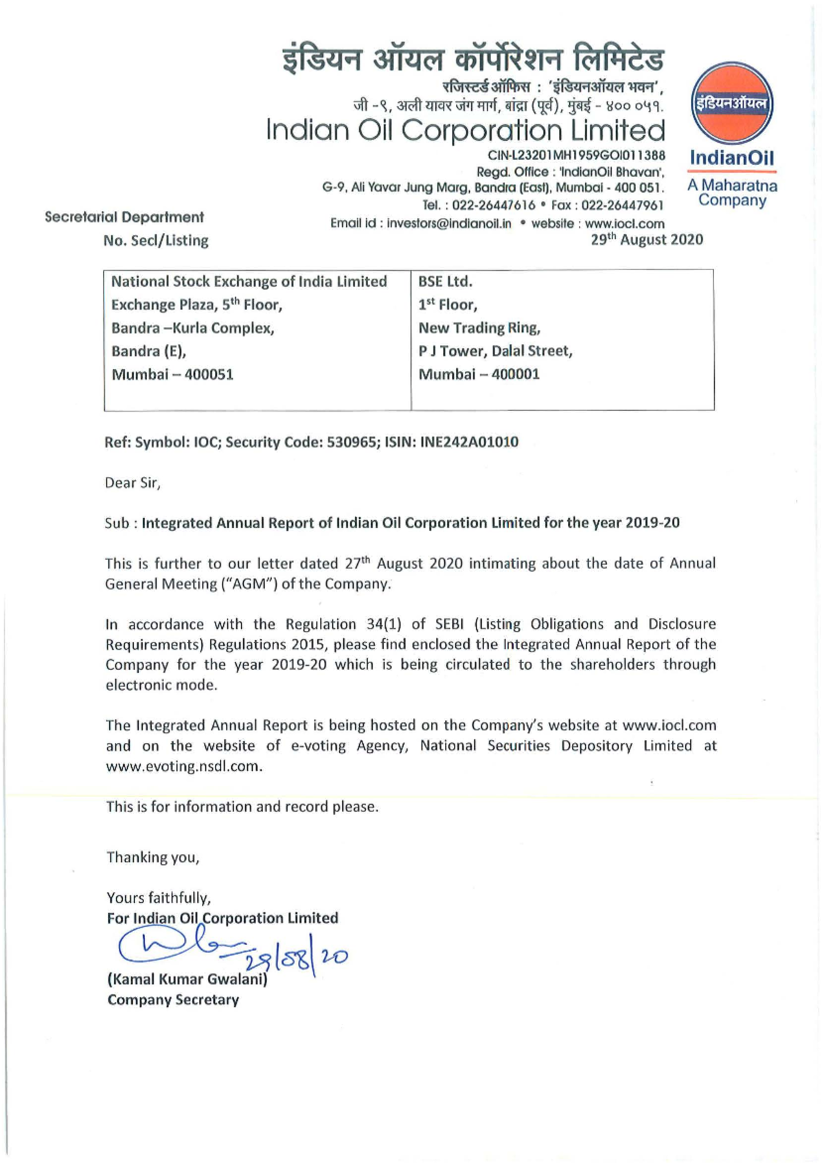 Integrated Annual Report 2019-20 of Indian Oil Corporation Limited ...
