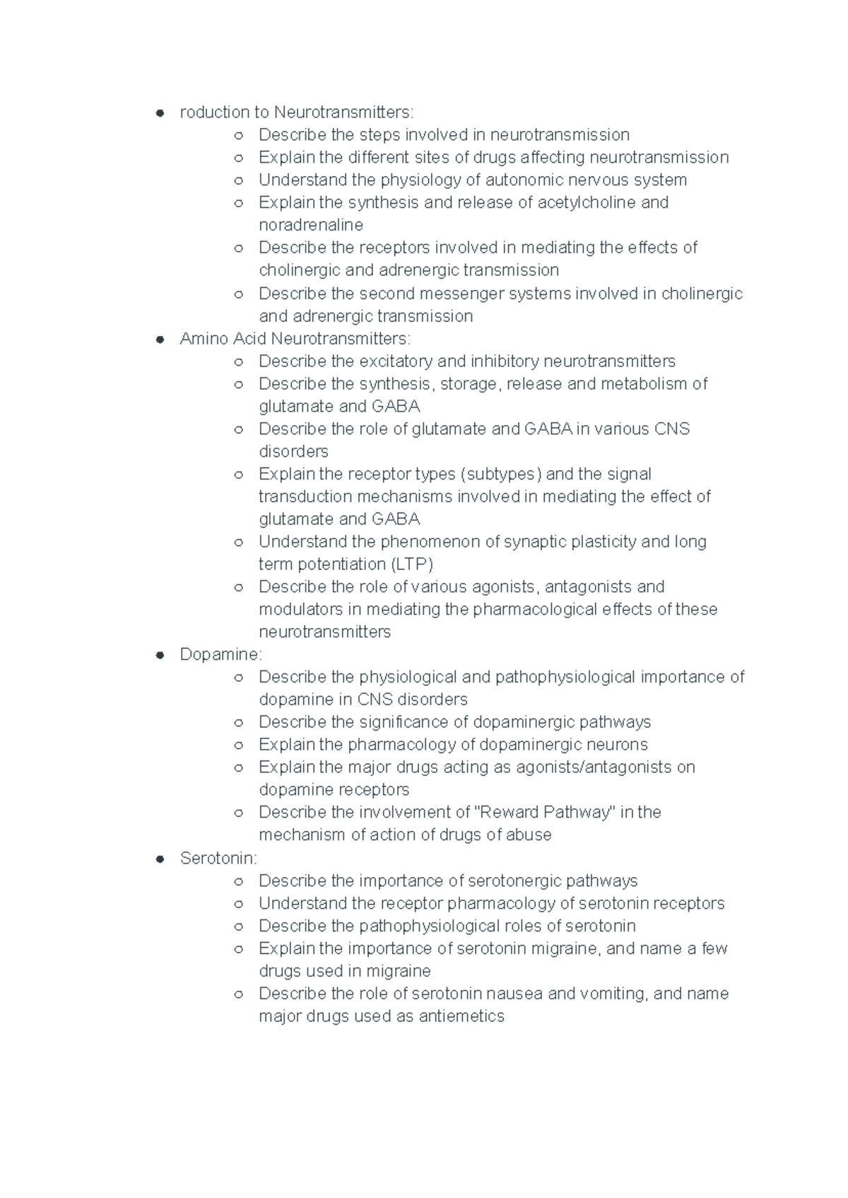 Learning Goals 2: Neurotransmitters & CNS Functions - Studocu
