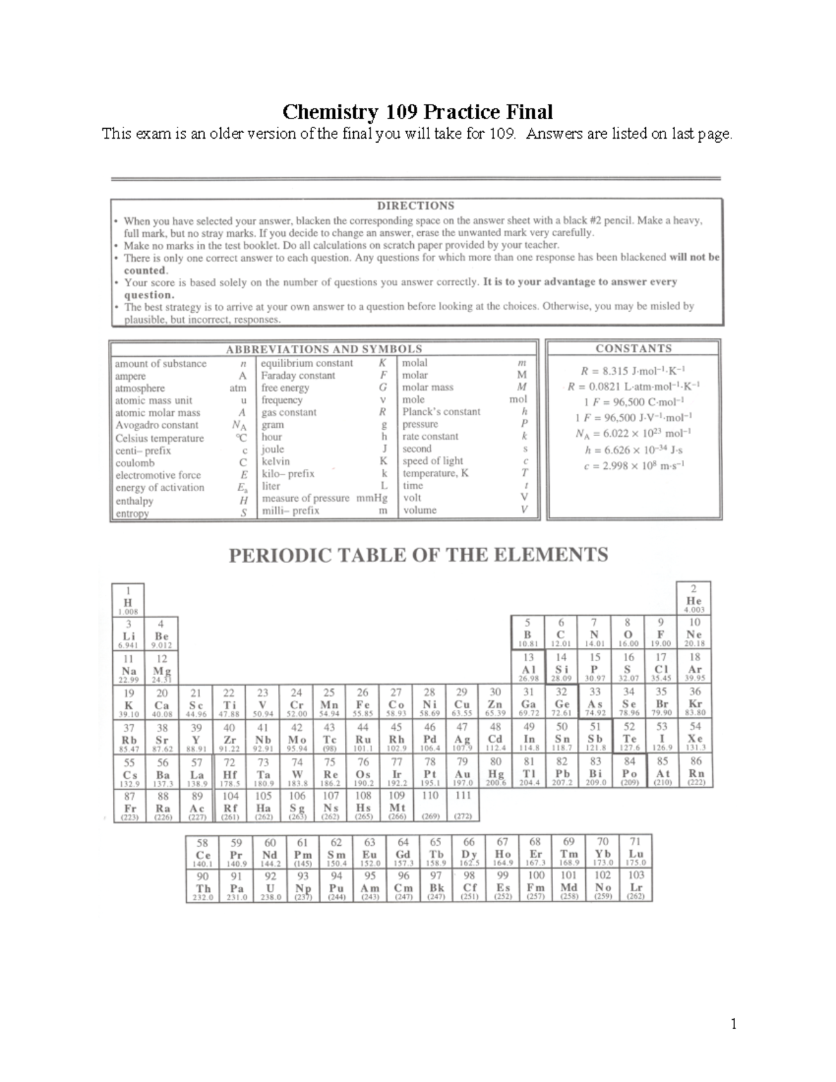Chem109 Practice Final Exam Review and Answers - Studocu