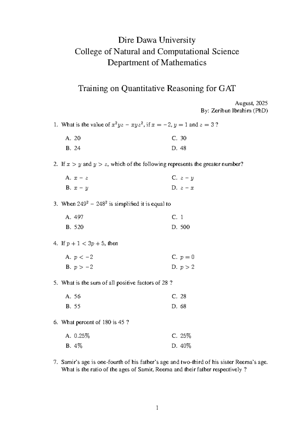 DDU GAT 2025 Training on Quantitative Reasoning: Answer Key Included ...